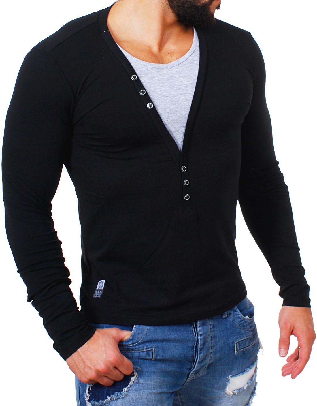 Carisma Herren 2in1 double Look Longsleeve T-Shirt langarm deep v-neck ...